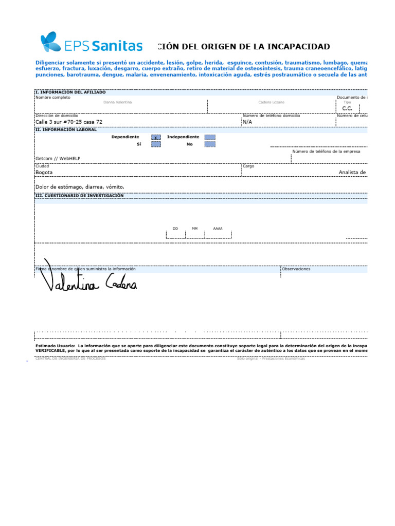 Formato de Investigacion de Origen de Incapacidad SANITAS.xlsx - Hoja1 ...
