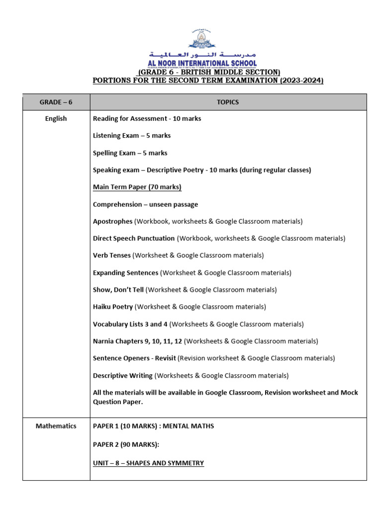 Grade 6 Second Term Exam Guide | PDF | Worksheet | Shape