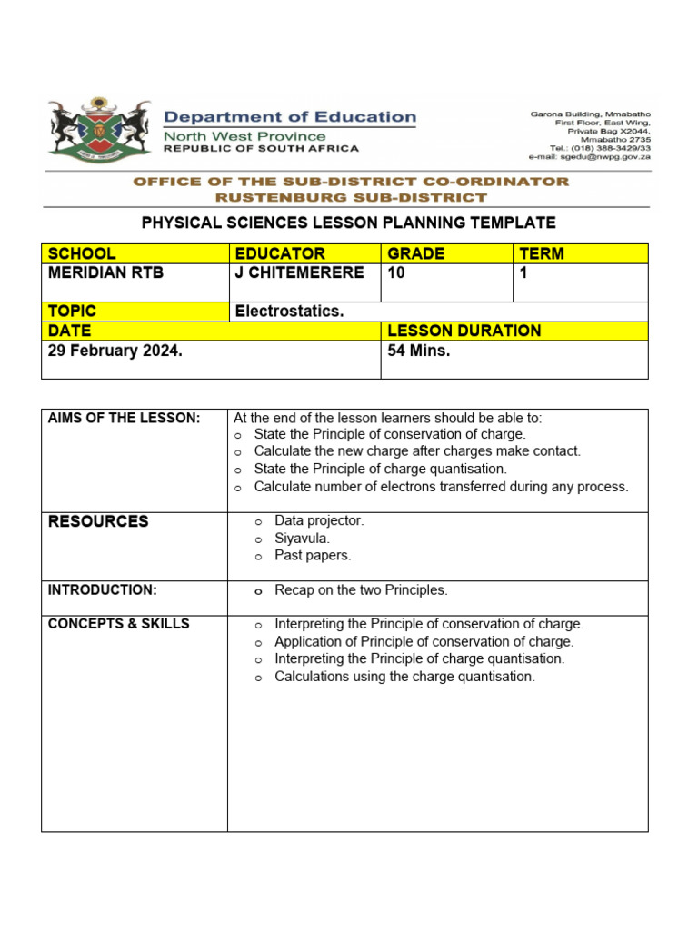 Electrostatics Lesson Plan Template | PDF