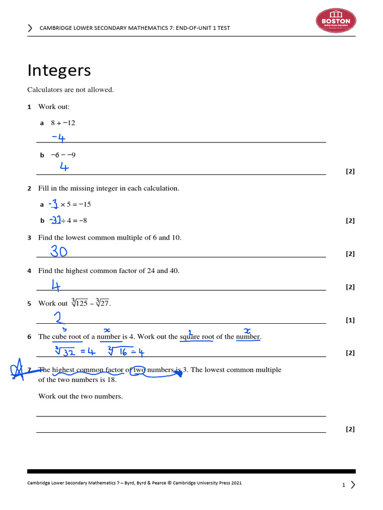 MATH - Stage 7 - Revision - Unit Test - Integers | PDF