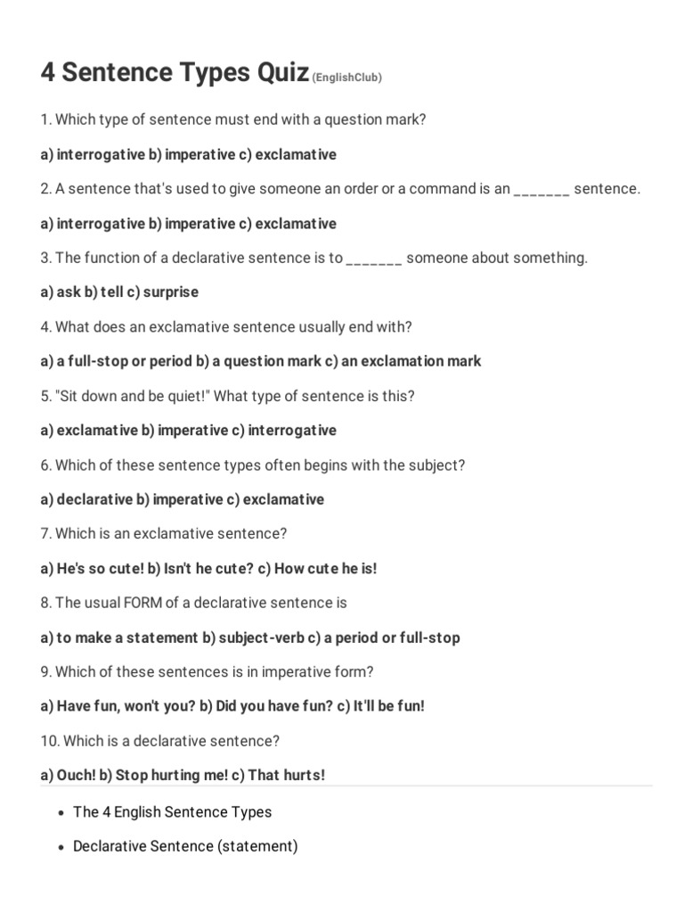English Sentence Types Quiz | PDF | Language Arts & Discipline