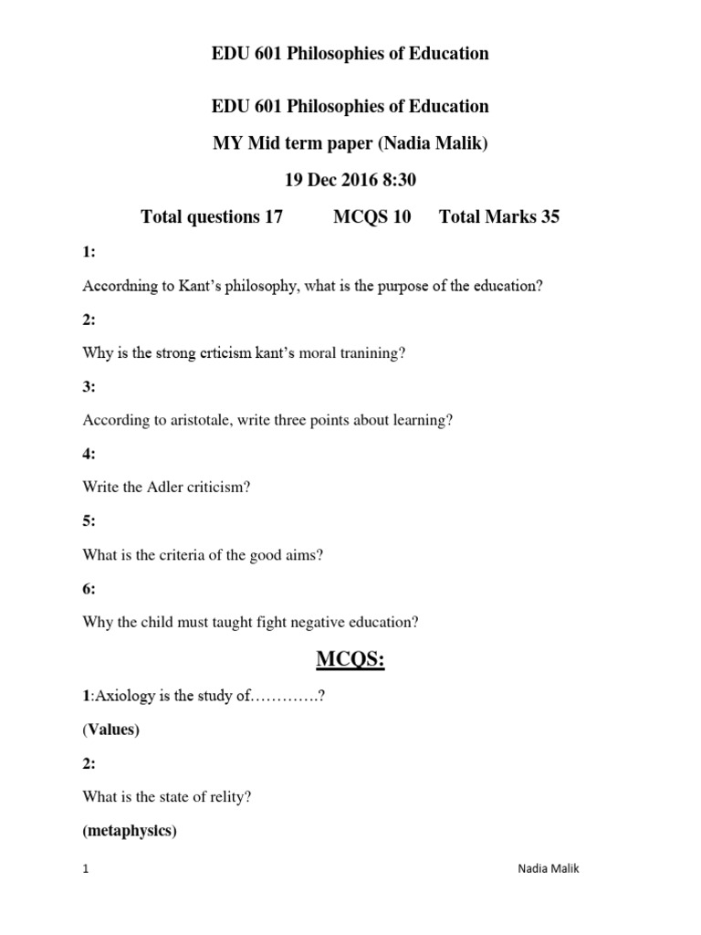 Edu601 Mid Termpapers Pdf Socrates Knowledge