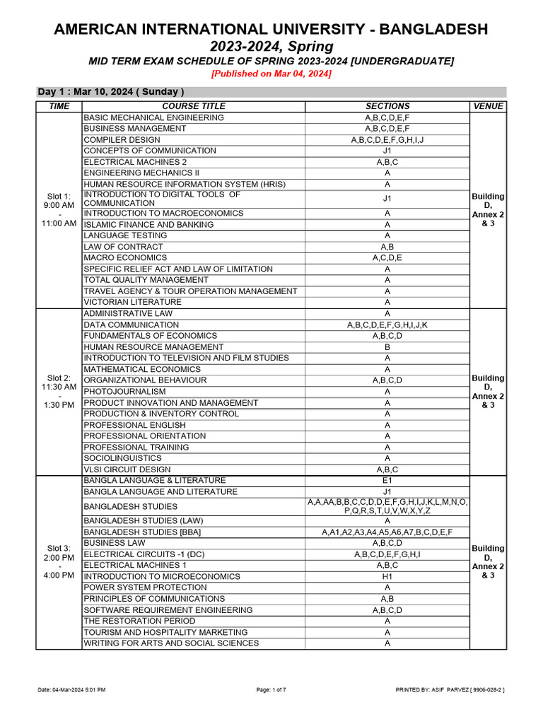 Mid Term Exam Schedule of Spring 2023 2024 Undergraduate Mar 04 | PDF | Engineering
