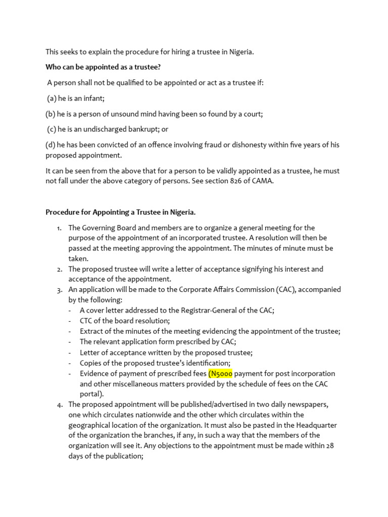 Hiring a Trustee in Nigeria: Procedure Guide | PDF | Public Law ...