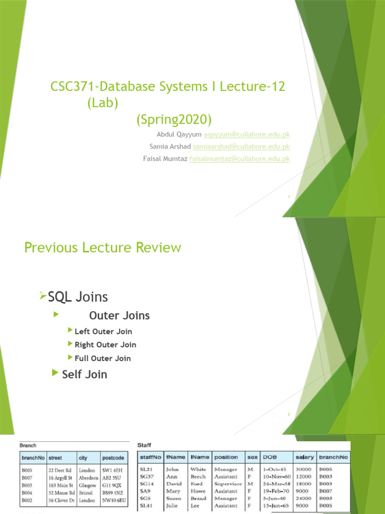 Lec12 - Lab - CSC371 - Database Systems | PDF | Sql | Application Software Lec12 - Lab - CSC371 - Database Systems | PDF | Sql | Application Software