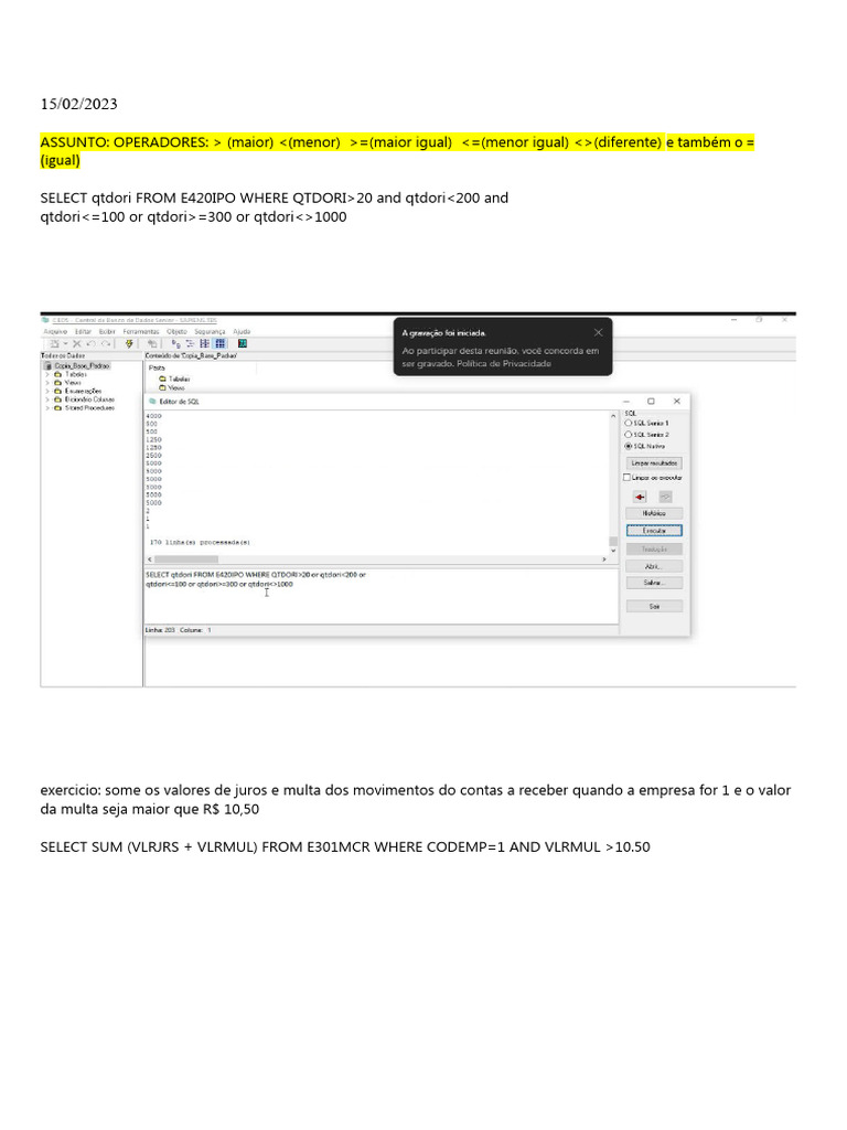 Exercícios dia 15-02-23 (maior) (menor) -(maior igual)-(menor igual ...