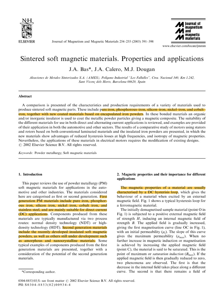Sintered Soft Magnetic Materials. Properties and Applications ...