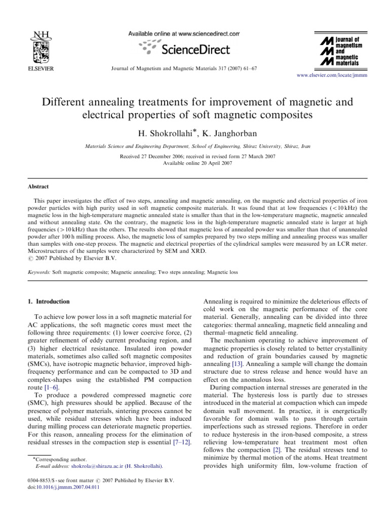 Different annealing treatments for improvement of magnetic and electrical properties of soft ...