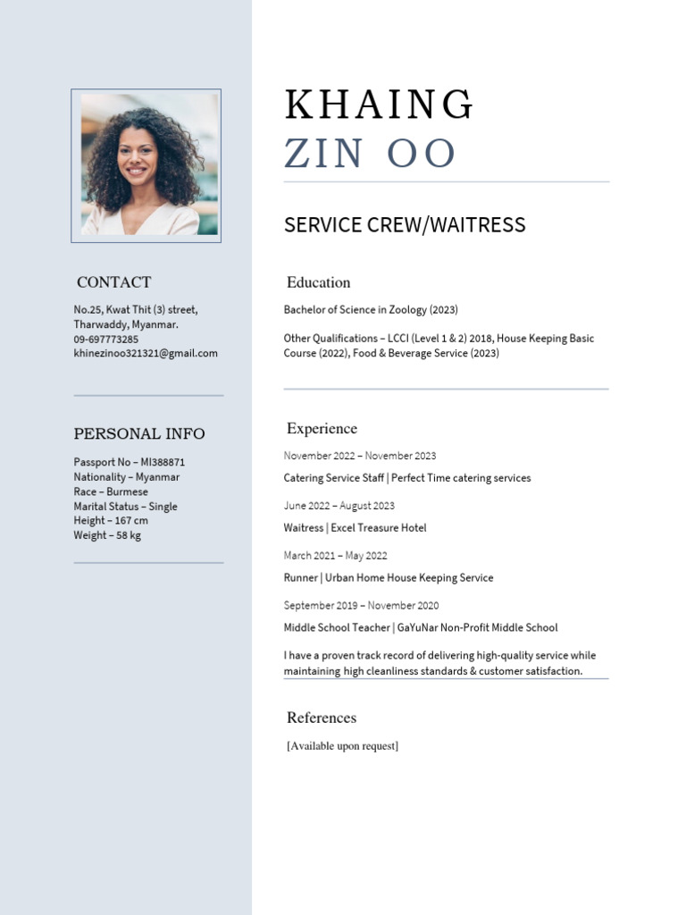 House Keeping Resume - Khaing Zin Oo | PDF