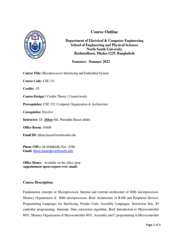 Course Outline Cse 331 Micro Processor Summer 2022 Pdf Microcontroller