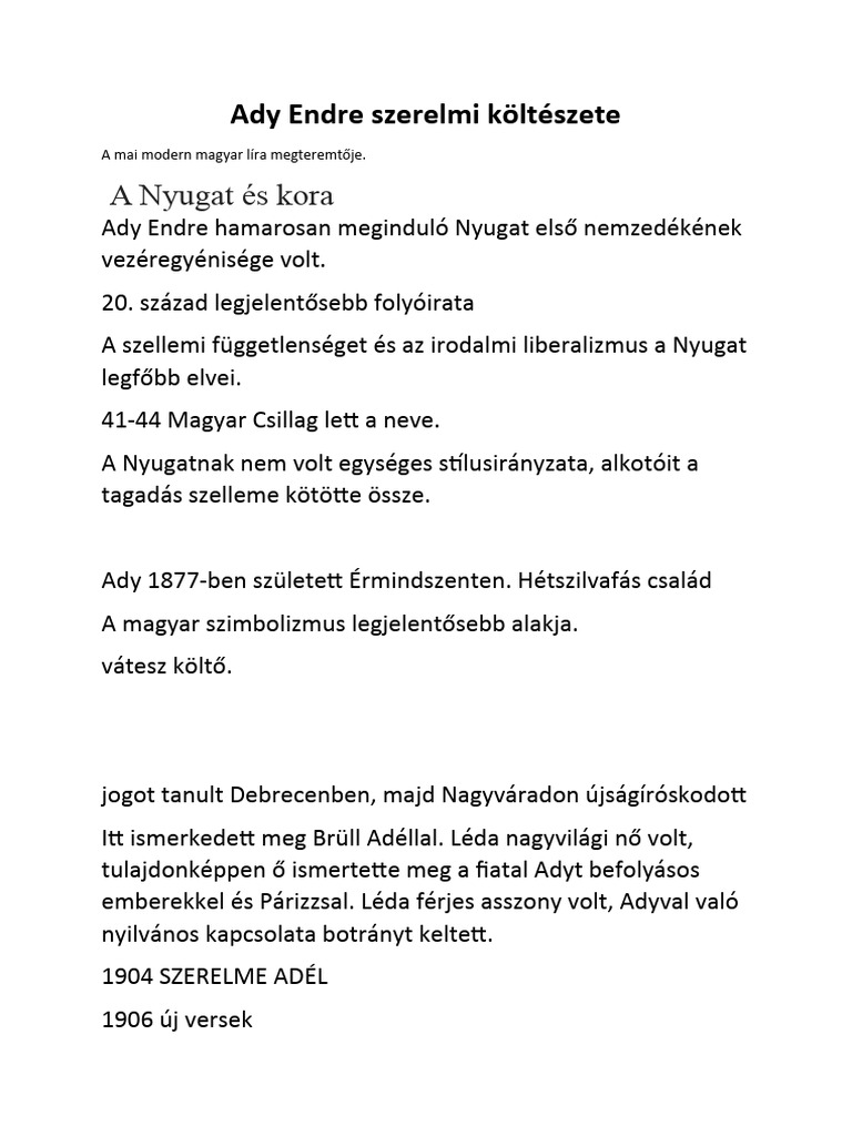 Ady Endre Szerelmi Költészete | PDF
