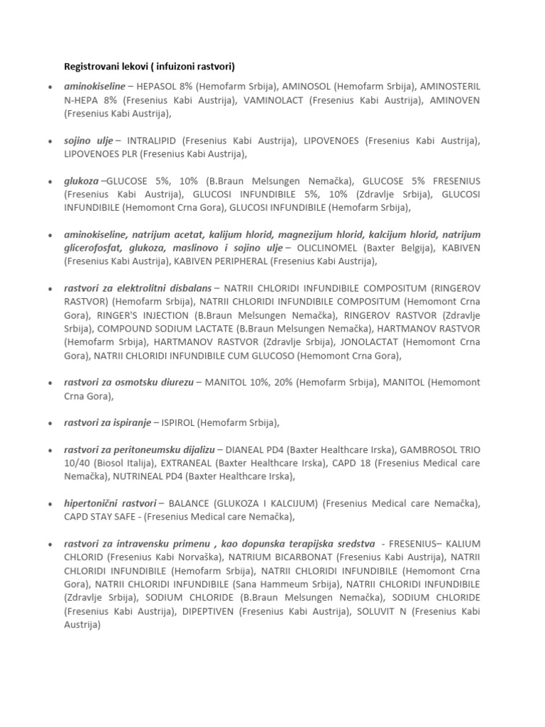 Infuzioni Rastvori - Registvovani U Srbiji | PDF