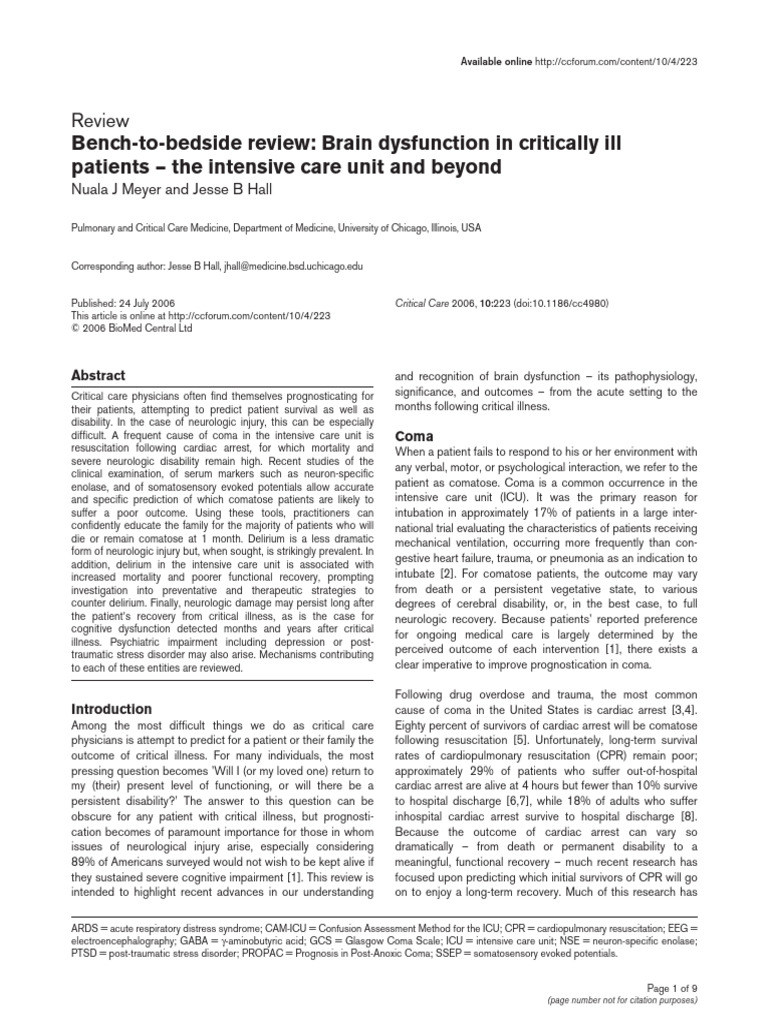 Bench-To-Bedside Review - Brain Dysfunction in Critically Ill Patients ...