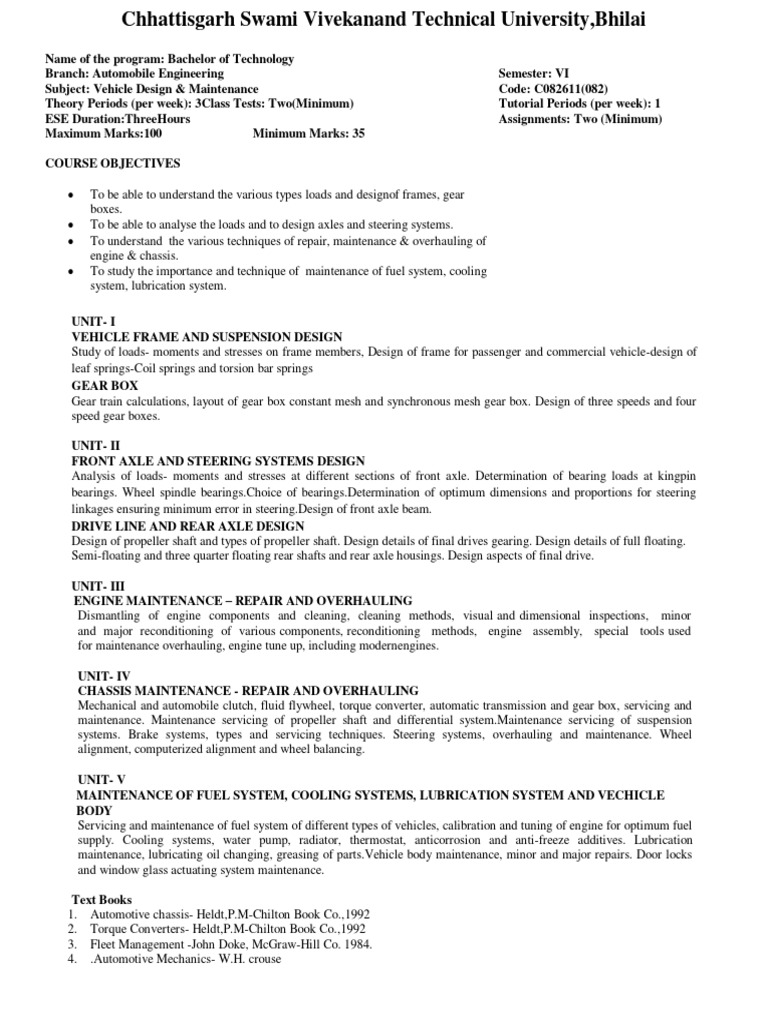 Vehicle Design & Maintenance Course Guide | PDF | Heat Transfer ...