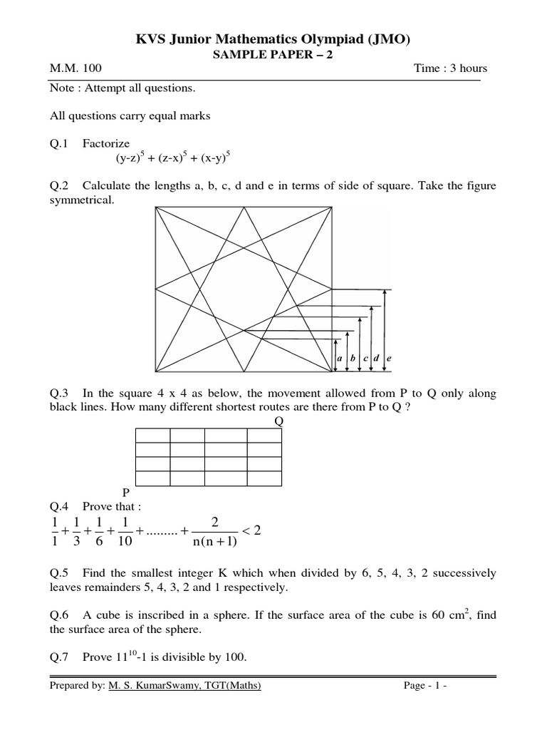 Kvs Jmo Sample Paper 02 With Solutions | PDF | Area | Sphere