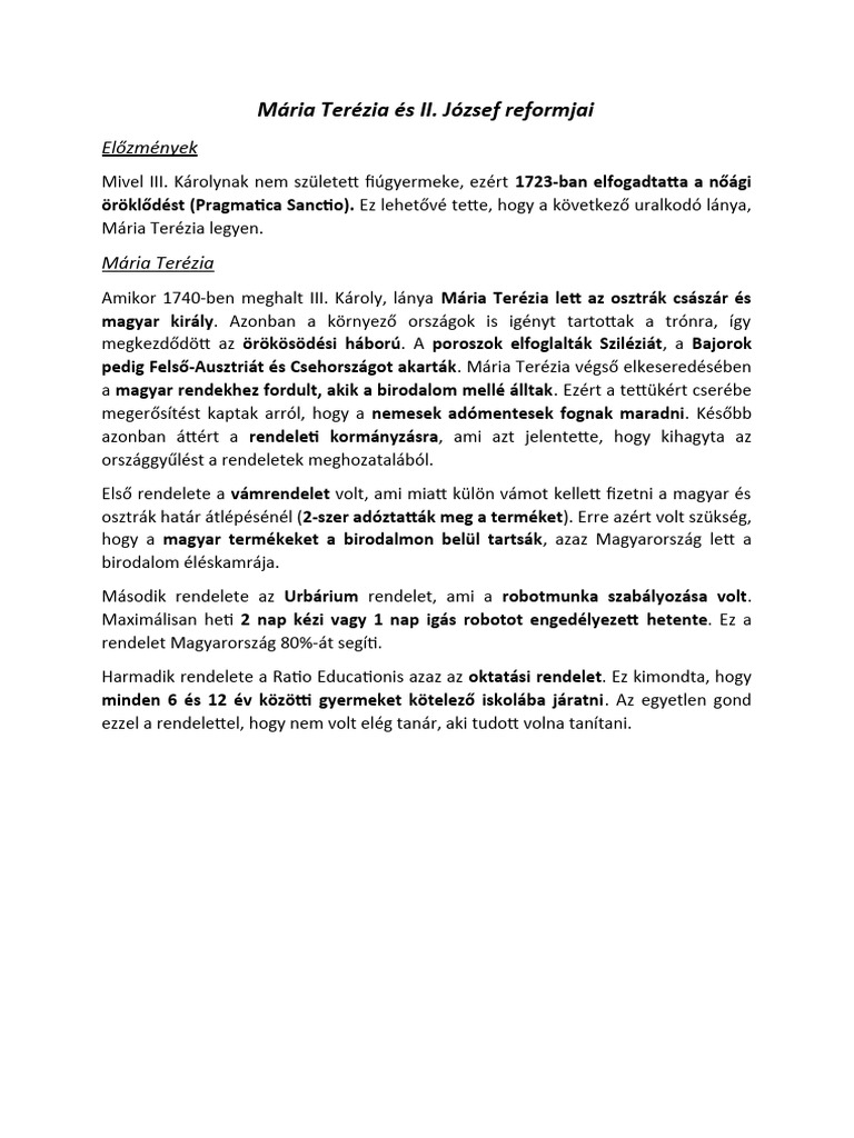23 Mária Terézia És II József Reformjai | PDF