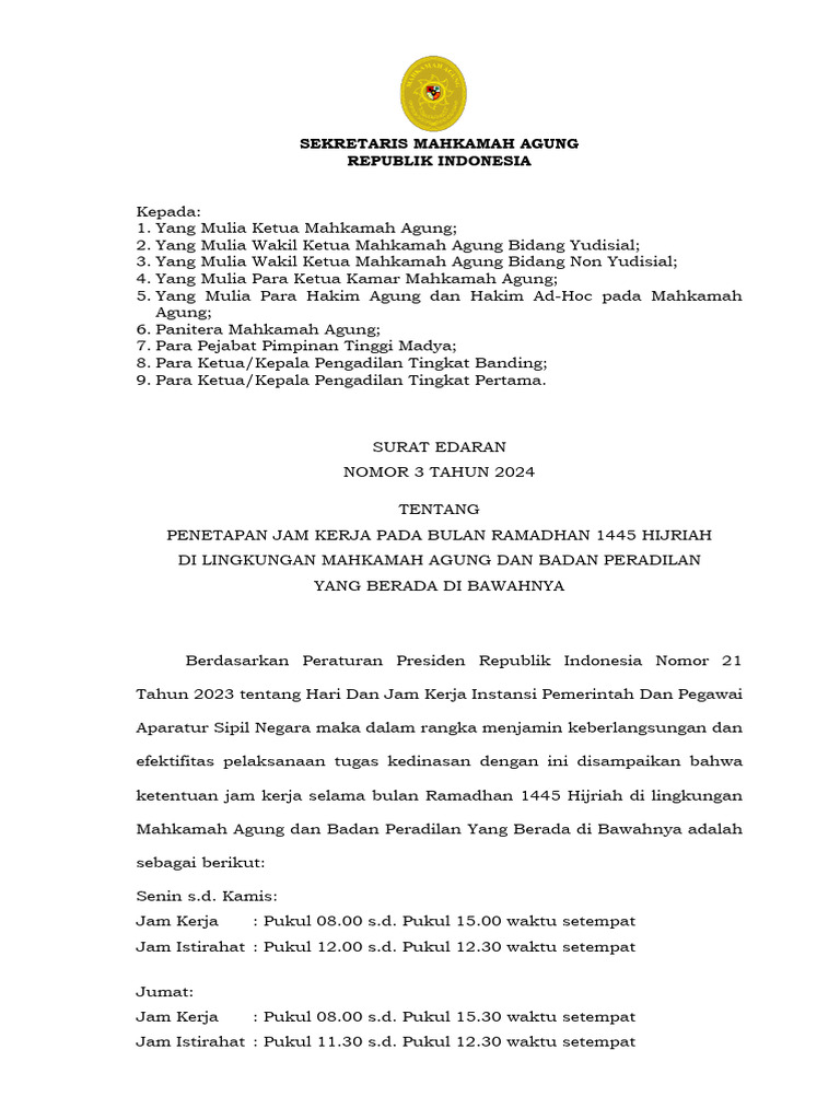 Edaran Jam Kerja Ramadhan 1445H - Sign | PDF