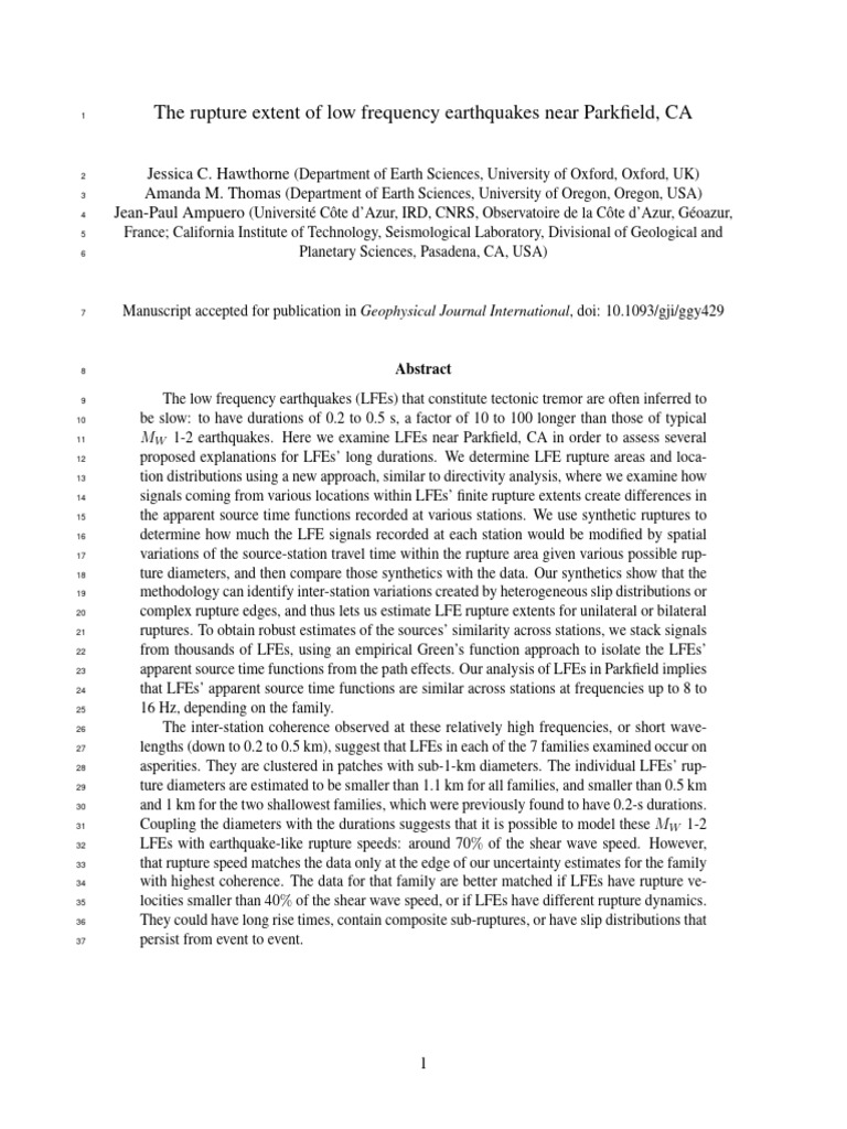 The Rupture Extent of Low Frequency Earthquakes Near Parkfield, CA ...