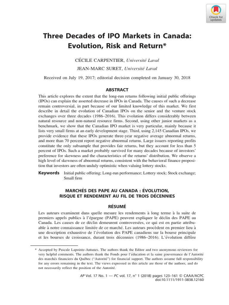 Three Decades of IPO Markets in Canada: Evolution, Risk and Return ...