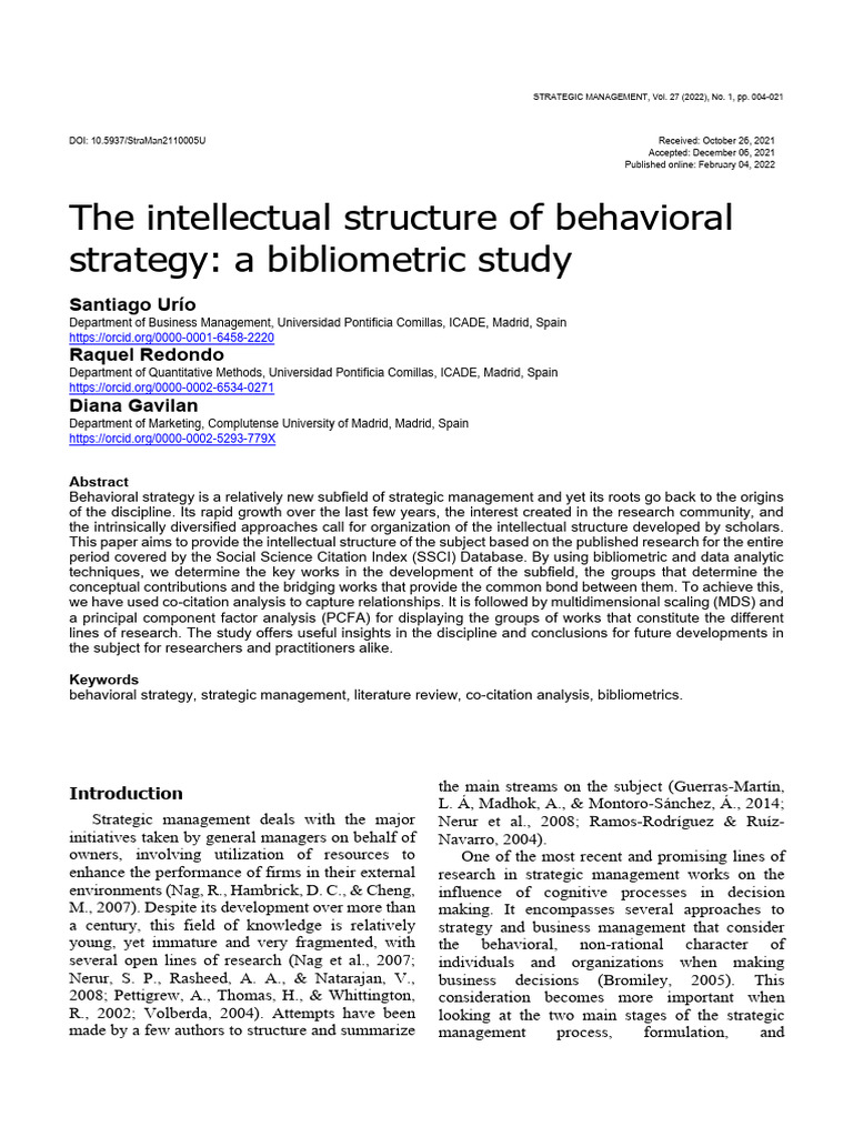 The intellectual structure of behavioral strategy: a bibliometric study ...