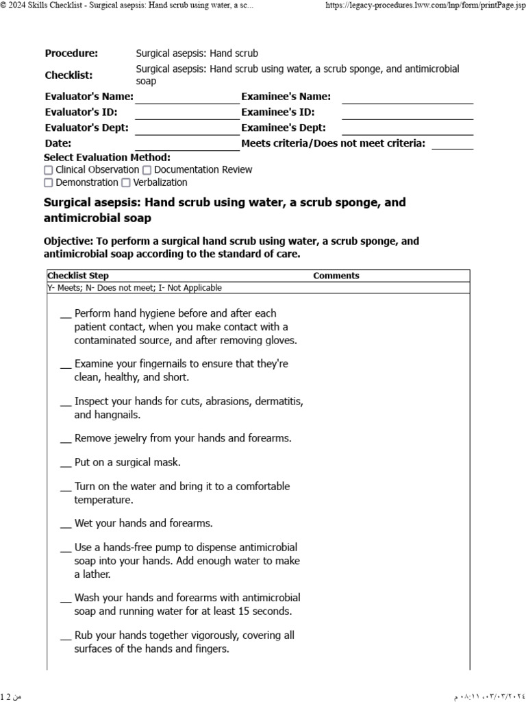 Surgical Hand Scrub Procedure Checklist | PDF | Surgery | Hand