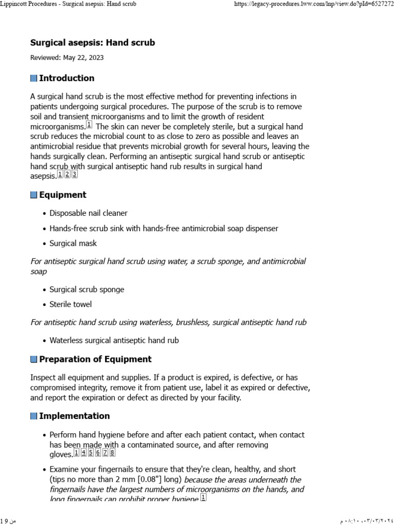 Lippincott Procedures - Surgical asepsis Hand scrub | PDF | Hand Washing | Surgery