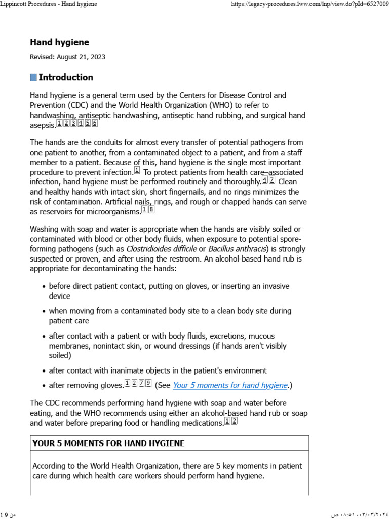 Lippincott Procedures - Hand Hygiene | PDF | Hand Washing | Hygiene