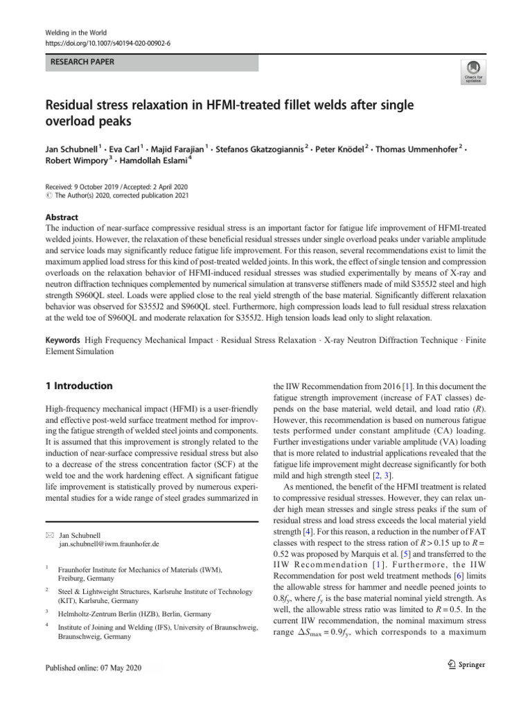 Residual Stress Relaxation in HFMI-treated Fillet Welds After Single ... Residual Stress Relaxation in HFMI-treated Fillet Welds After Single ...