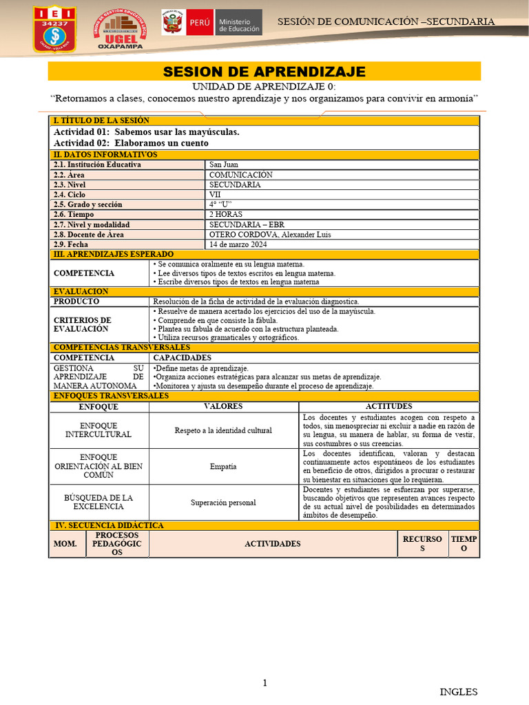 4° Sesion Actv o - Comunicación 2024 | PDF | Evaluación | Aprendizaje