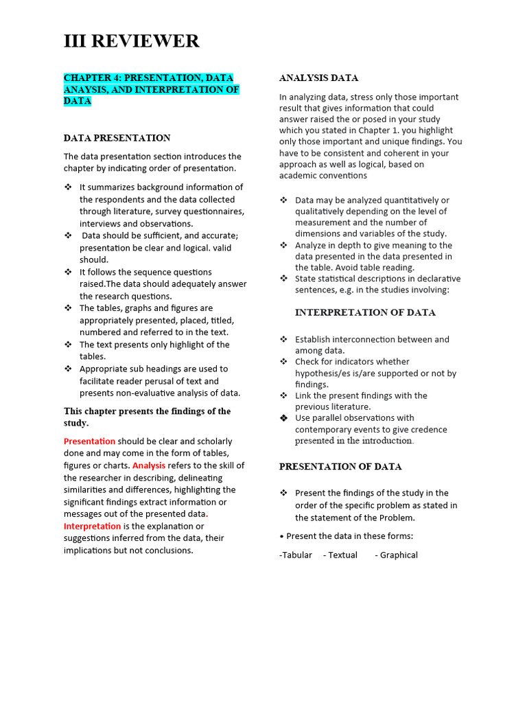 Iii Reviewer: Chapter 4: Presentation, Data Anaysis, and Interpretation ...