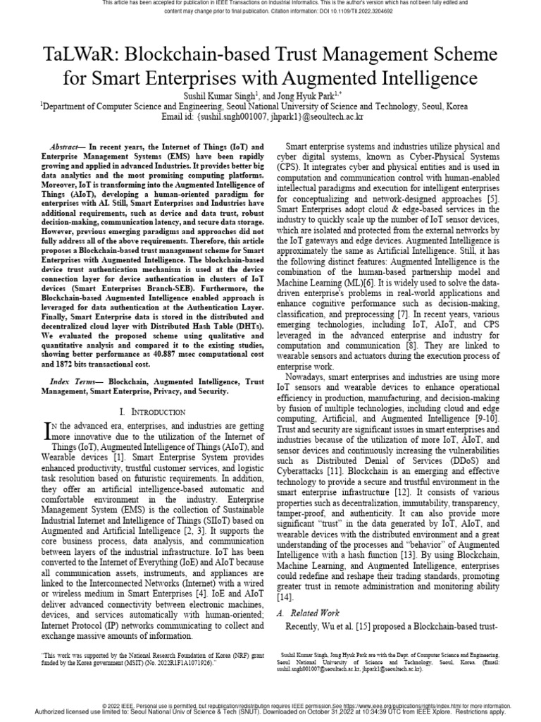 TaLWaR Blockchain-Based Trust Management Scheme For Smart Enterprises With Augmented ...