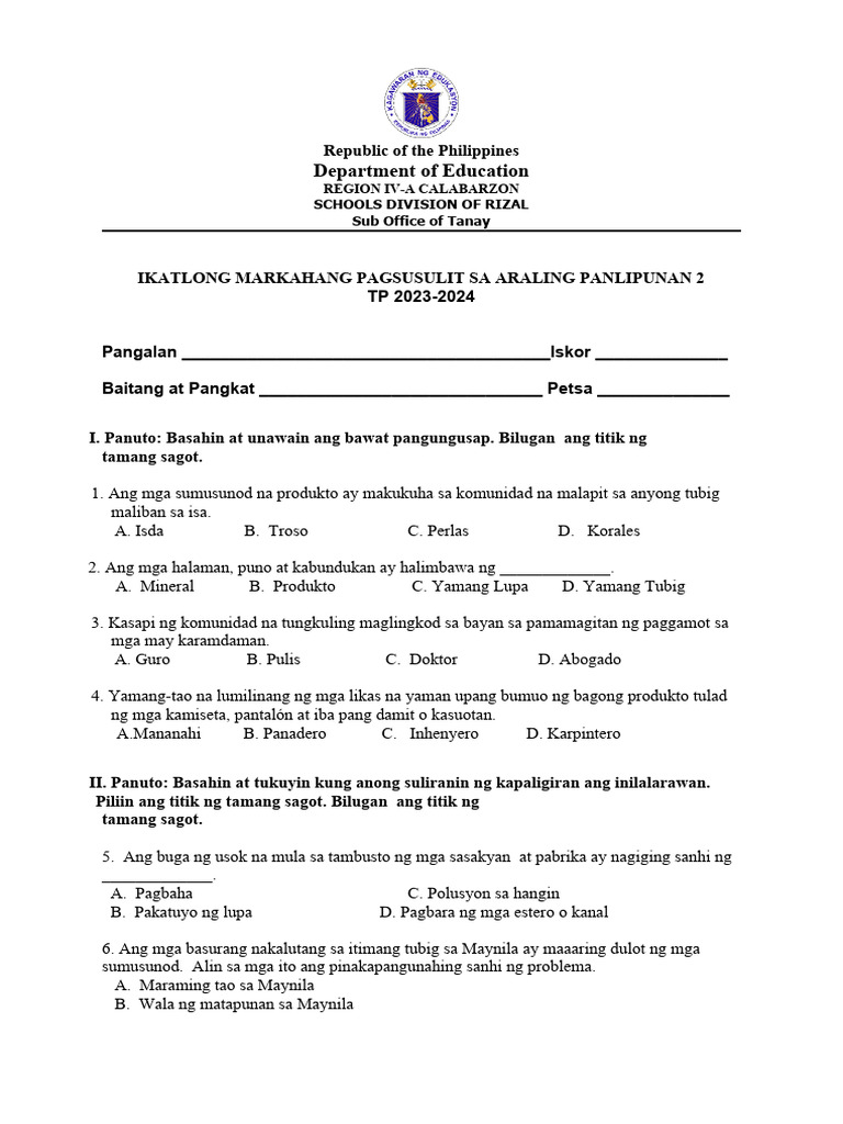 Ap2 Ikatlong Markahang Pagsusulit 2023 2024 | PDF