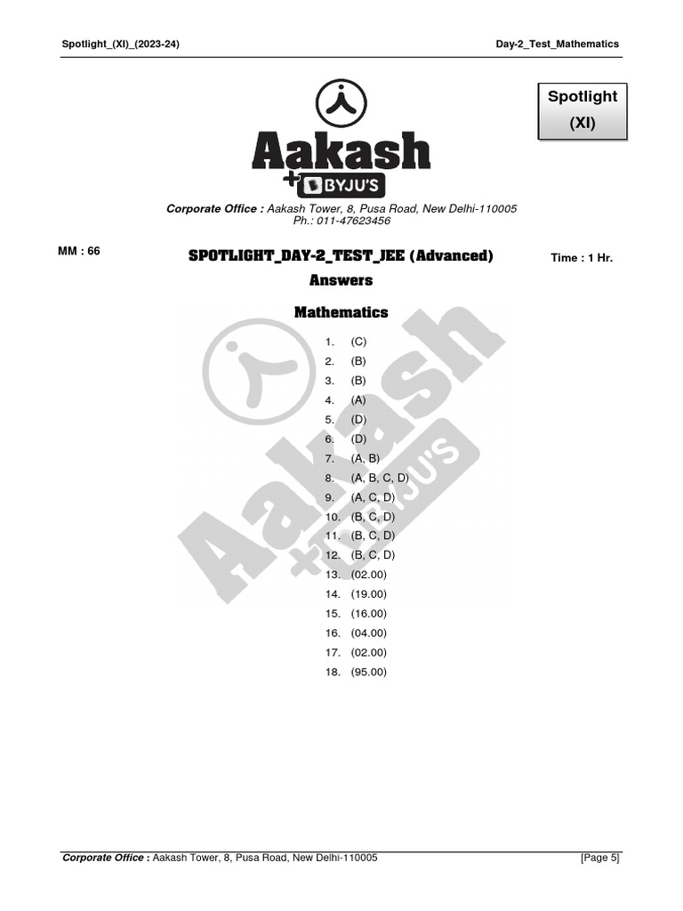 JEE Advanced Math Test Answers | PDF | Mathematics