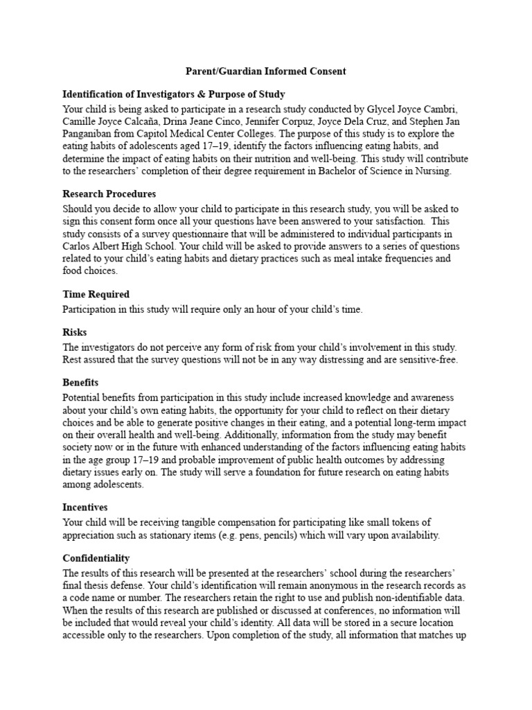 Informed Consent for Adolescent Eating Study | PDF | Behavioural Sciences