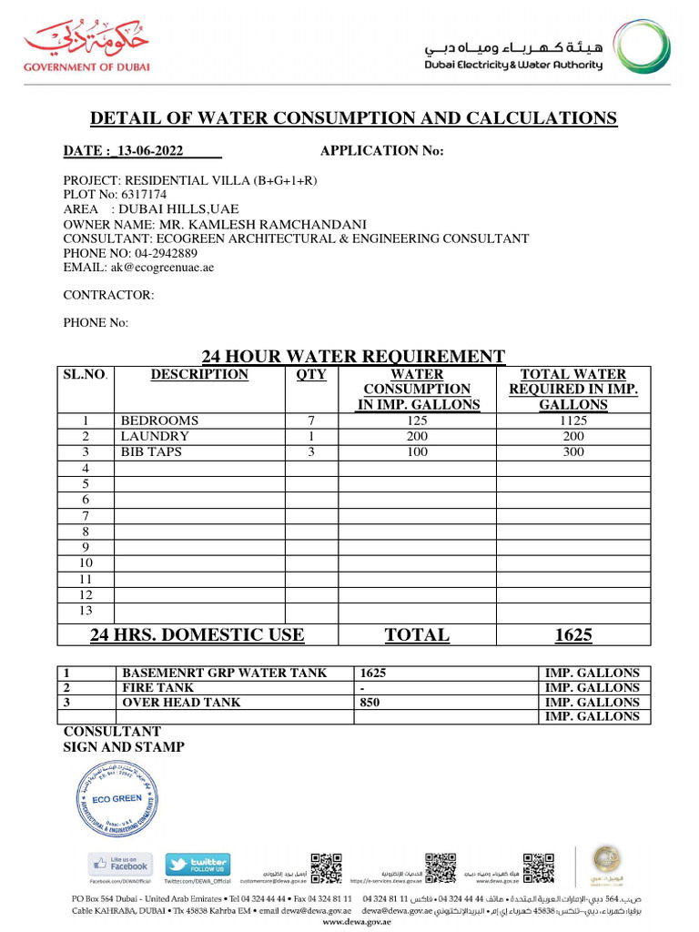 Detail For Water Consumption and Calculation Villa | PDF