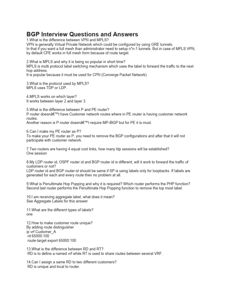 BGP Interview Questions and Answers | PDF | Networking | Multiprotocol Label Switching