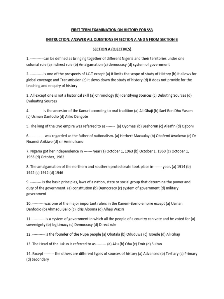 First Term Examination On History For Ss3 2022 | Download Free PDF | Nigeria