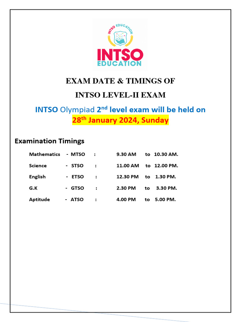 Exam Date & Timings of Intso Level-Ii | PDF