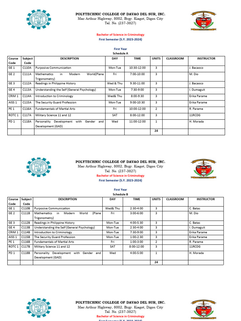 SY 2023-2024 First Sem Schedule | PDF | Forensic Science | Law ...