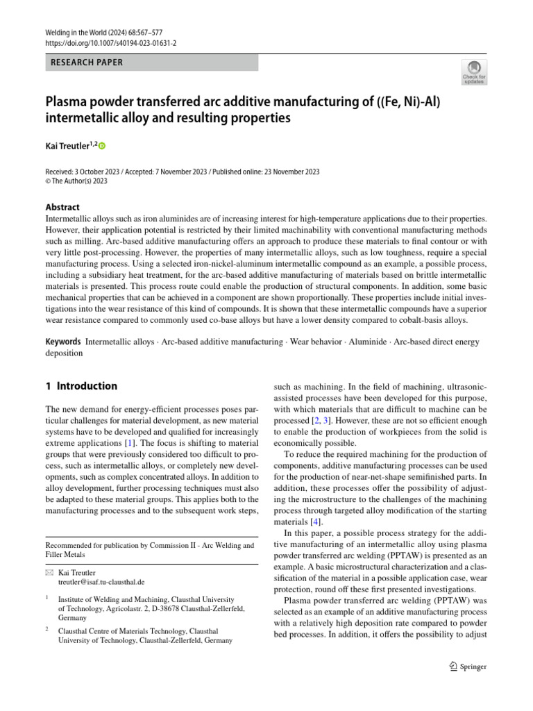 Plasma powder transferred arc additive manufacturing of ((Fe, Ni)-Al) intermetallic alloy and ...