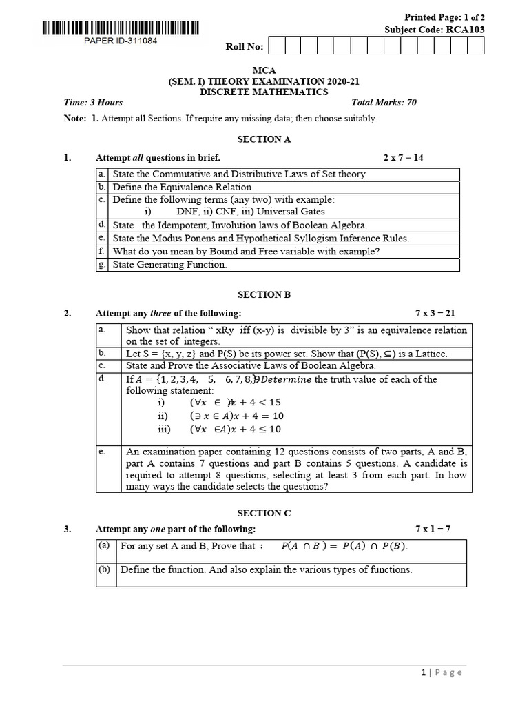 Mca 1 Sem Discrete Mathematics Rca103 2021 | PDF | Mathematical ... Mca 1 Sem Discrete Mathematics Rca103 2021 | PDF | Mathematical ...