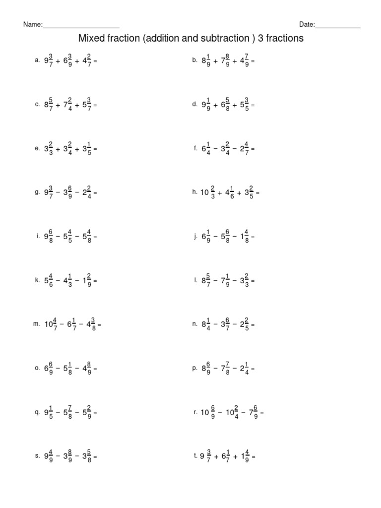 Mixed Fraction (Addition and Subtraction) 3 Fractions | PDF