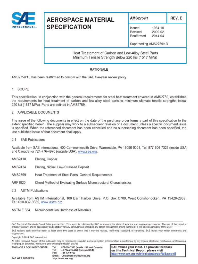 Sae Ams 2759-1e-2014 | PDF | Heat Treating | Strength Of Materials
