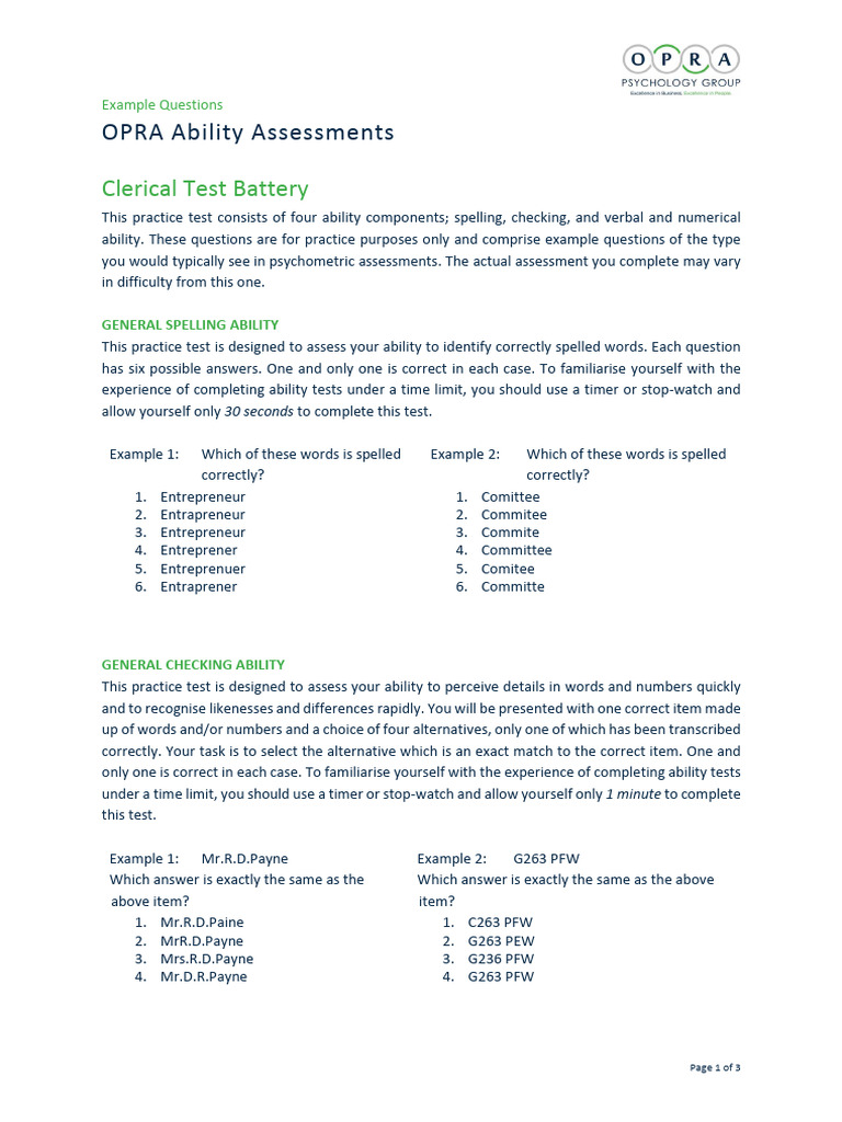 OPRA Clerical Test Practice Questions | PDF | Cognition