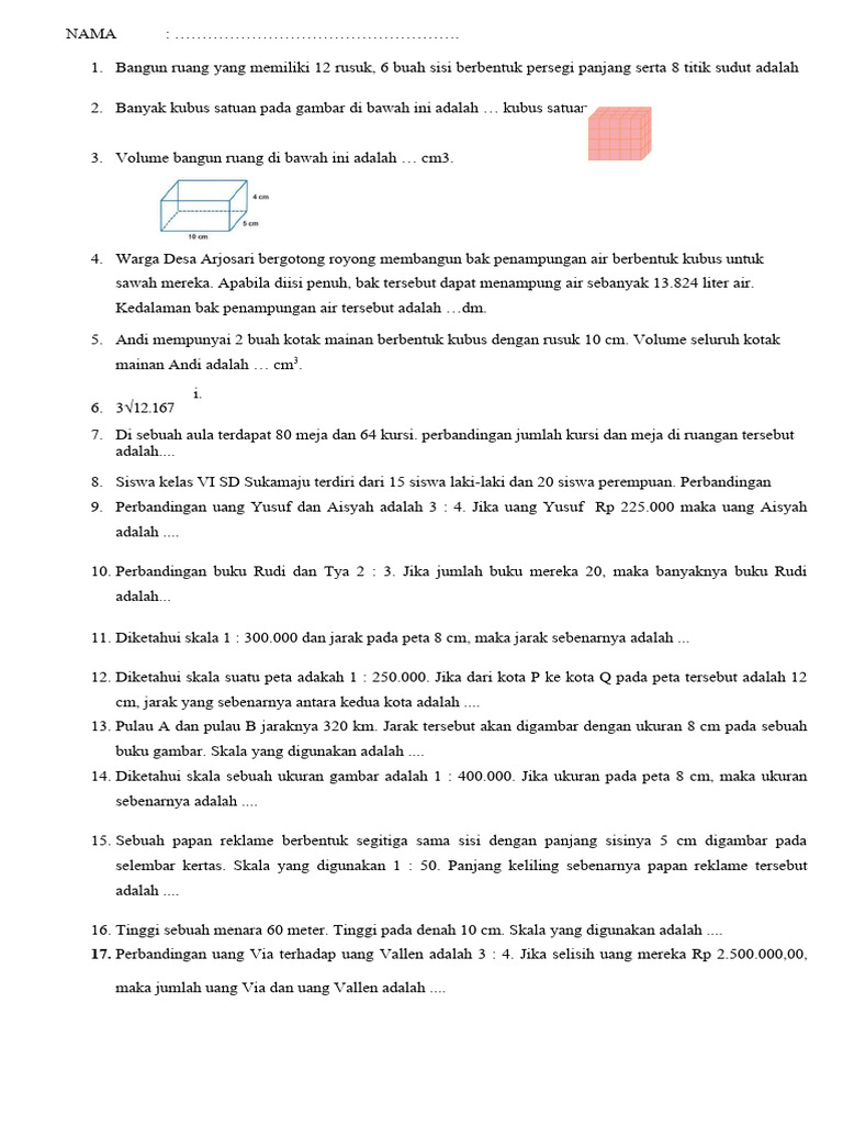 Latihan MTK Perbandinangan, Skala, Bangun Ruang | PDF