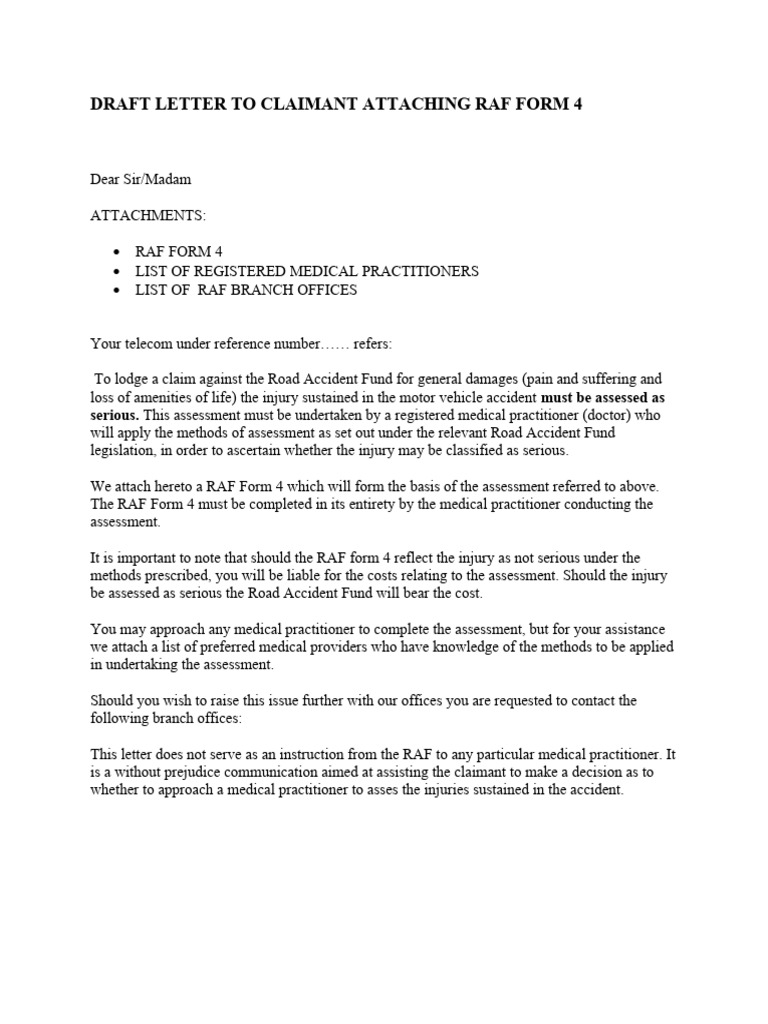 Draft Letter To Claimaint Attaching Form 4 | PDF | Law