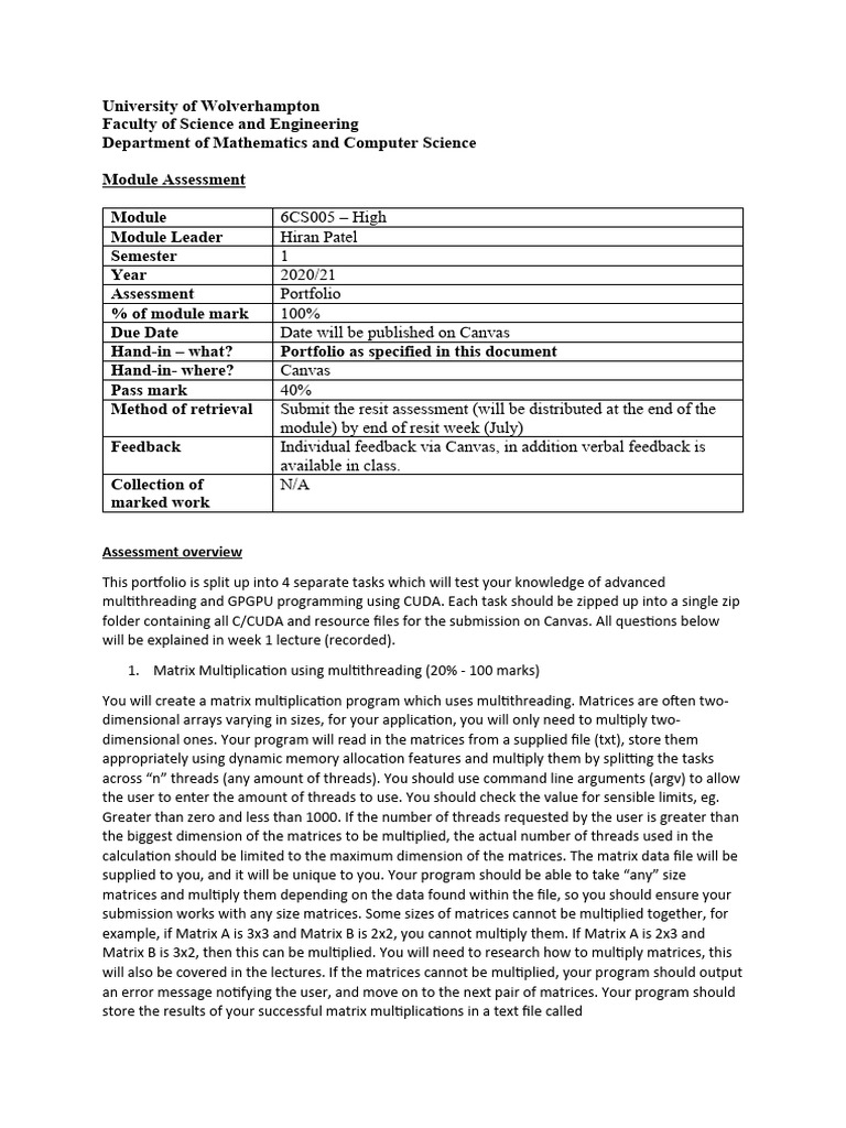 6CS005_-_Assessment_20-21 | PDF | Matrix (Mathematics) | Thread (Computing)