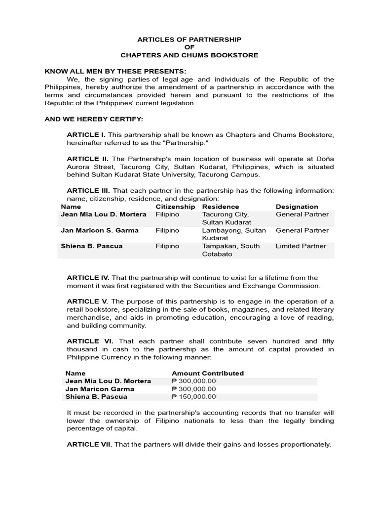 Articles of Partnership 1 | Download Free PDF | Partnership | Limited ...