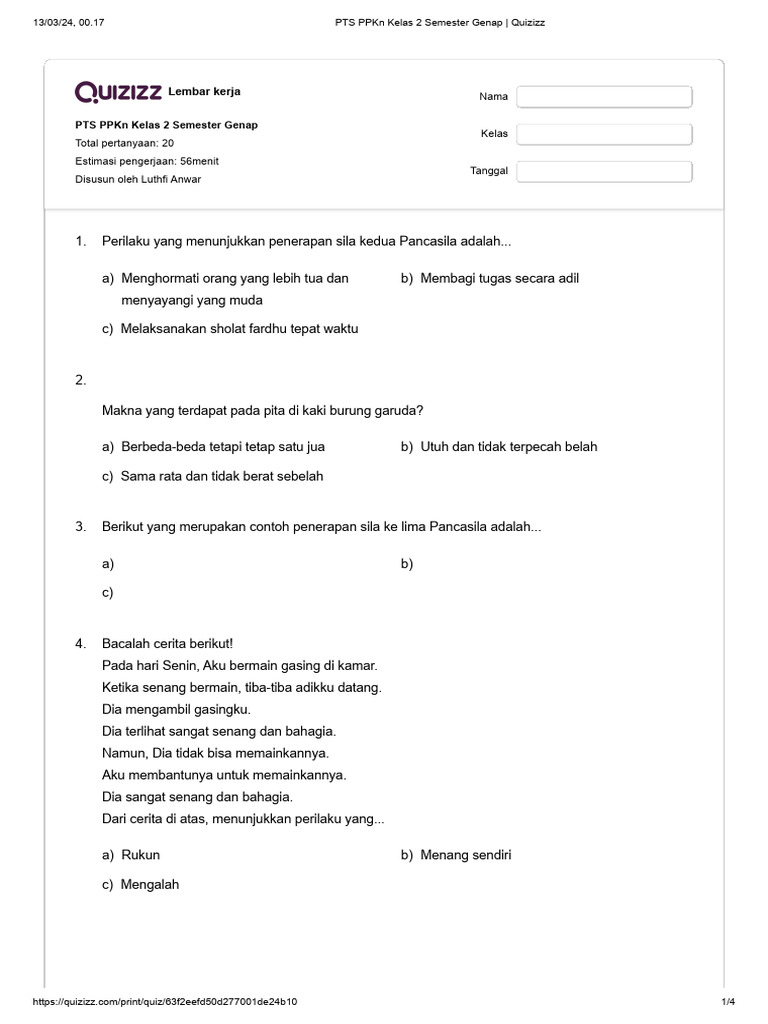 PTS PPKN Kelas 2 Semester Genap - Quizizz | PDF