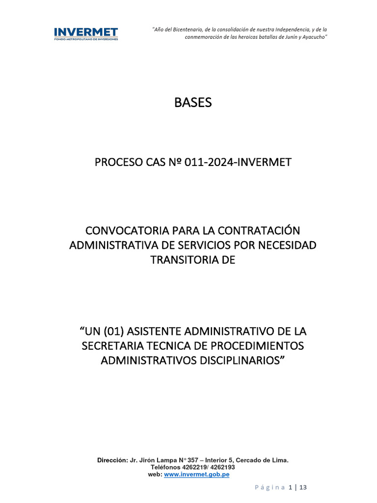 Bases Proceso Cas #011-2024 | PDF | Documento de identidad | Lima Bases Proceso Cas #011-2024 | PDF | Documento de identidad | Lima